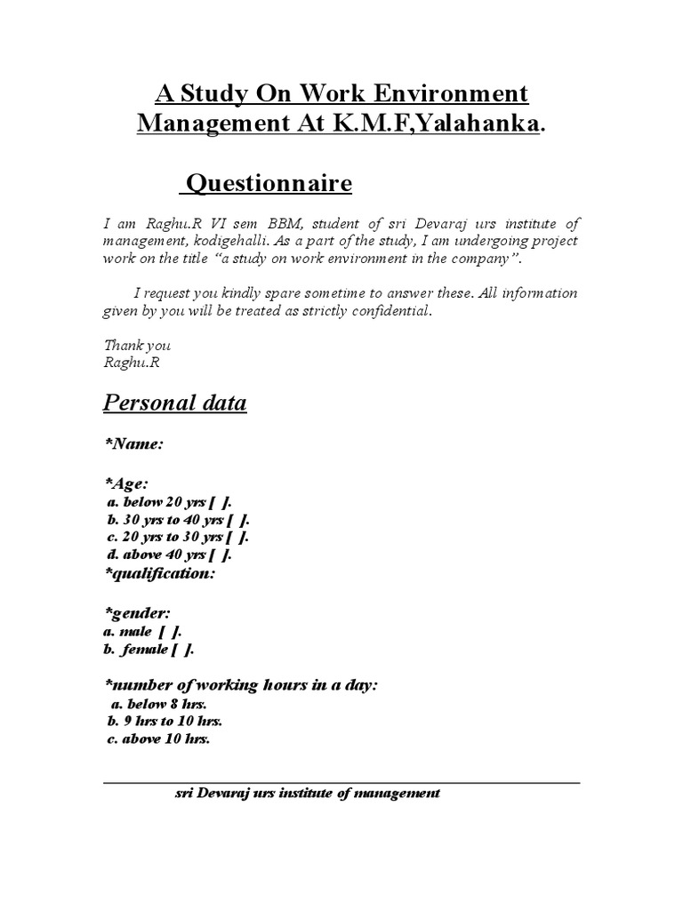 A Study On Work Environment Management at K | PDF