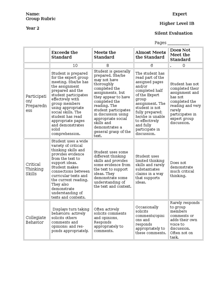 Pages - : Name: Expert Group Rubric Higher Level IB Year 2 Silent ...