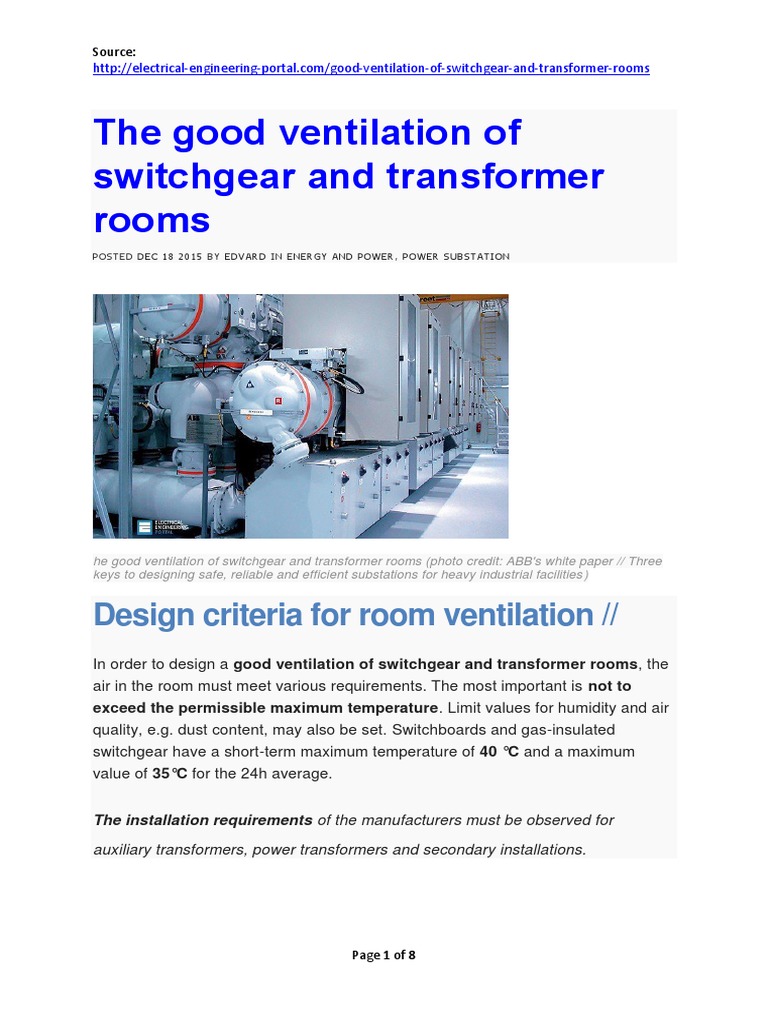 Article - The Good Ventilation of Switchgear and Transformer Rooms 18Dec2015.pdf | Ventilation ...