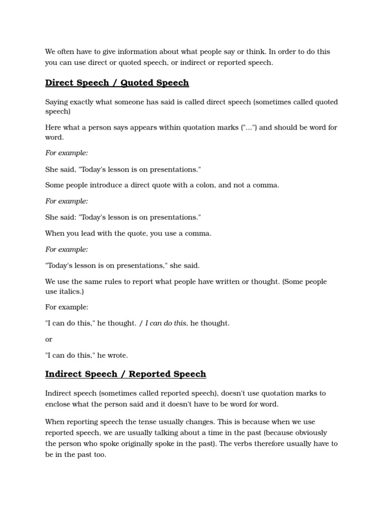 Direct Speech / Quoted Speech: For Example | PDF | Style (Fiction ...