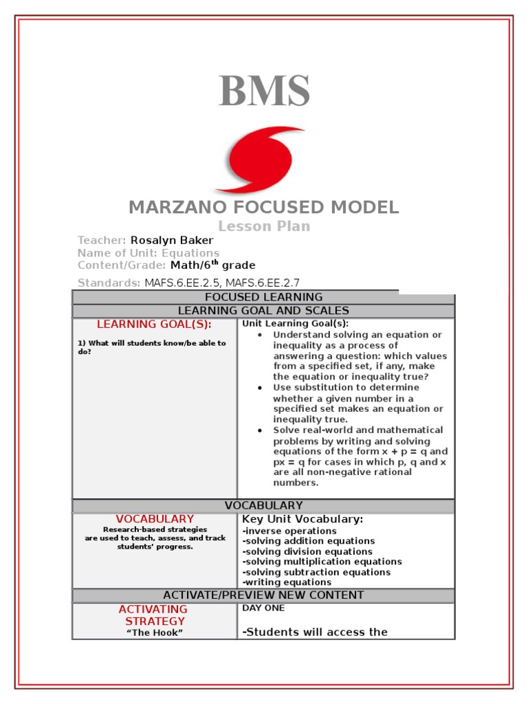 Marzano Focused Model: Lesson Plan | PDF | Equations | Vocabulary