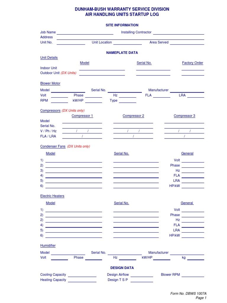 AHU Start-Up Form | PDF | Mechanical Fan | Electromechanical Engineering
