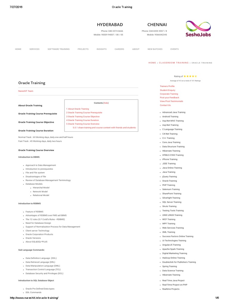 Hyderabad Chennai: Oracle Training | PDF