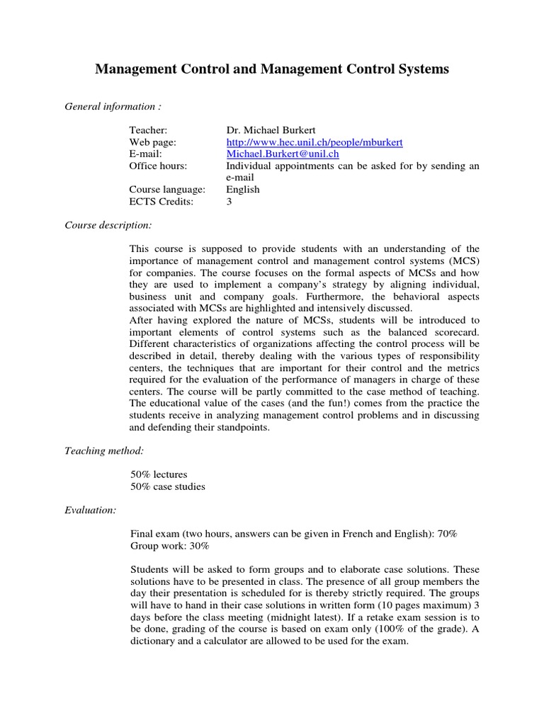 Management Control and Management Control Systems: General Information ...