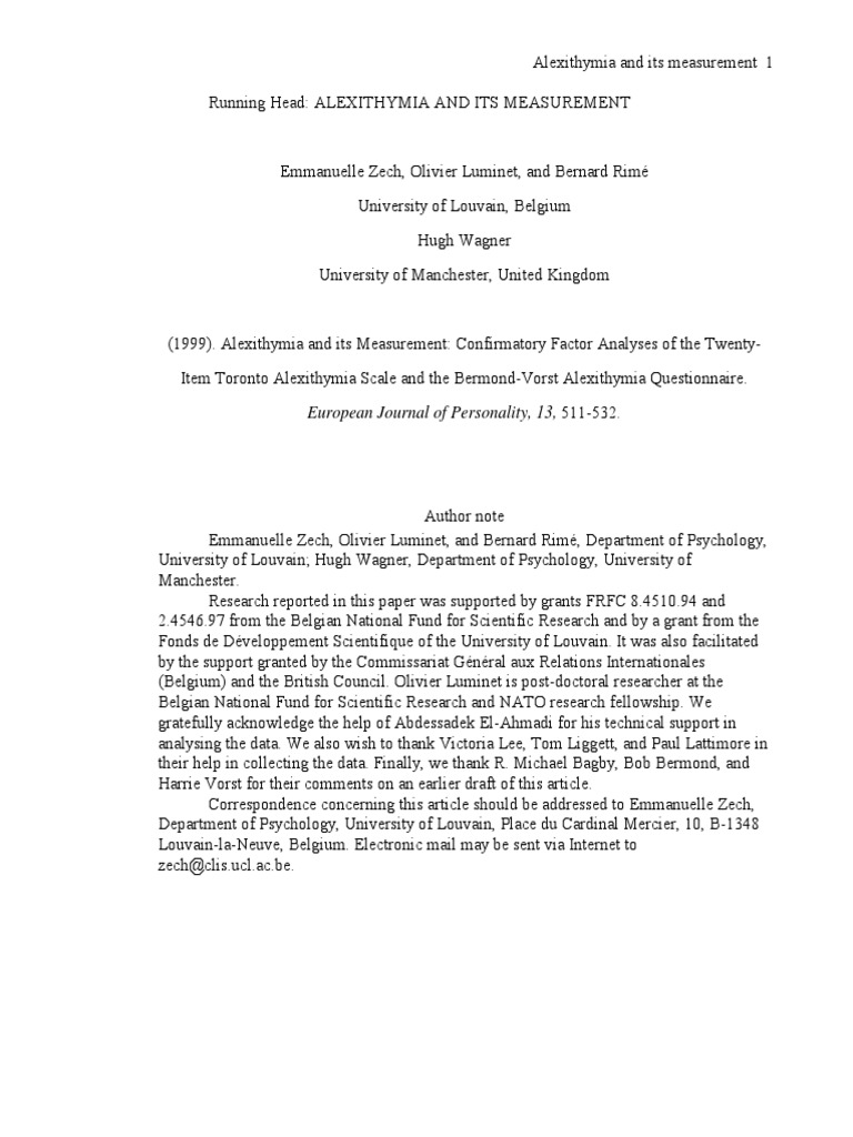 Zech - Alexithymia and Its Measurement Confirmatory Factor Analyses of ...