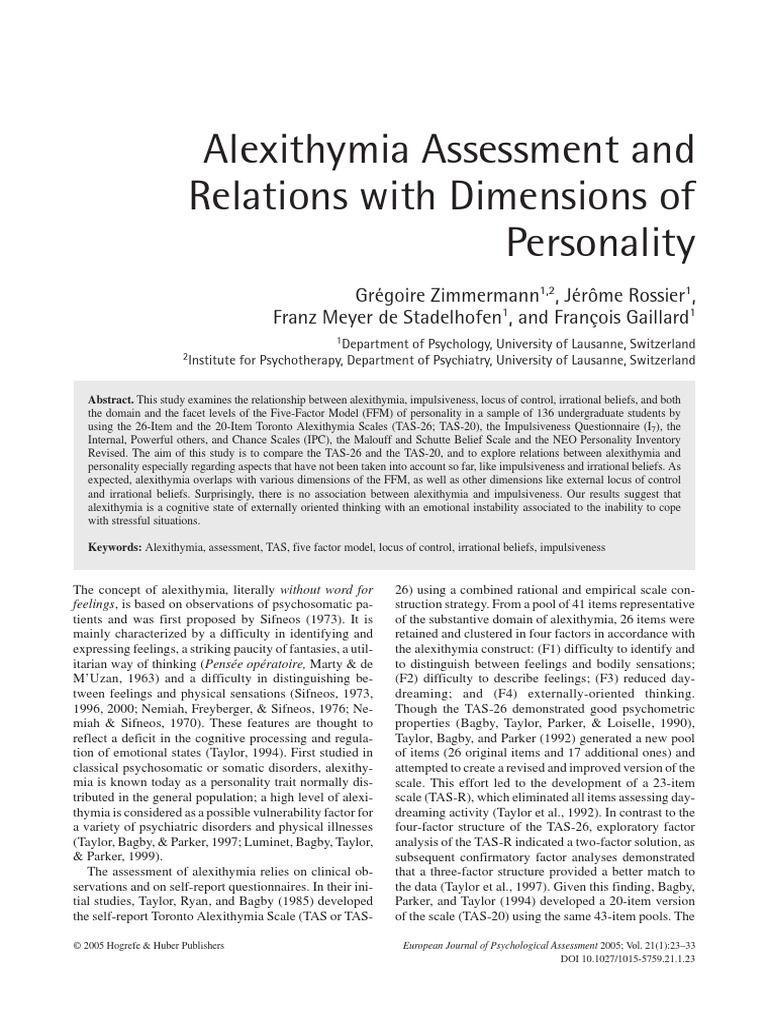Zimmermann - Alexithymia Assessment and Relations With Dimensions of ...