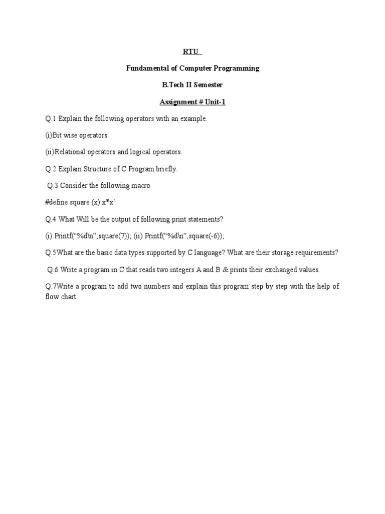 RTU Fundamental of Computer Programming B.Tech II Semester Assignment # Unit-1 | PDF | Computers ...