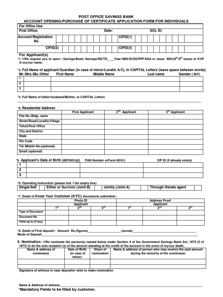 Post Office Savings Bank Account Opening/Purchase of Certificate ...