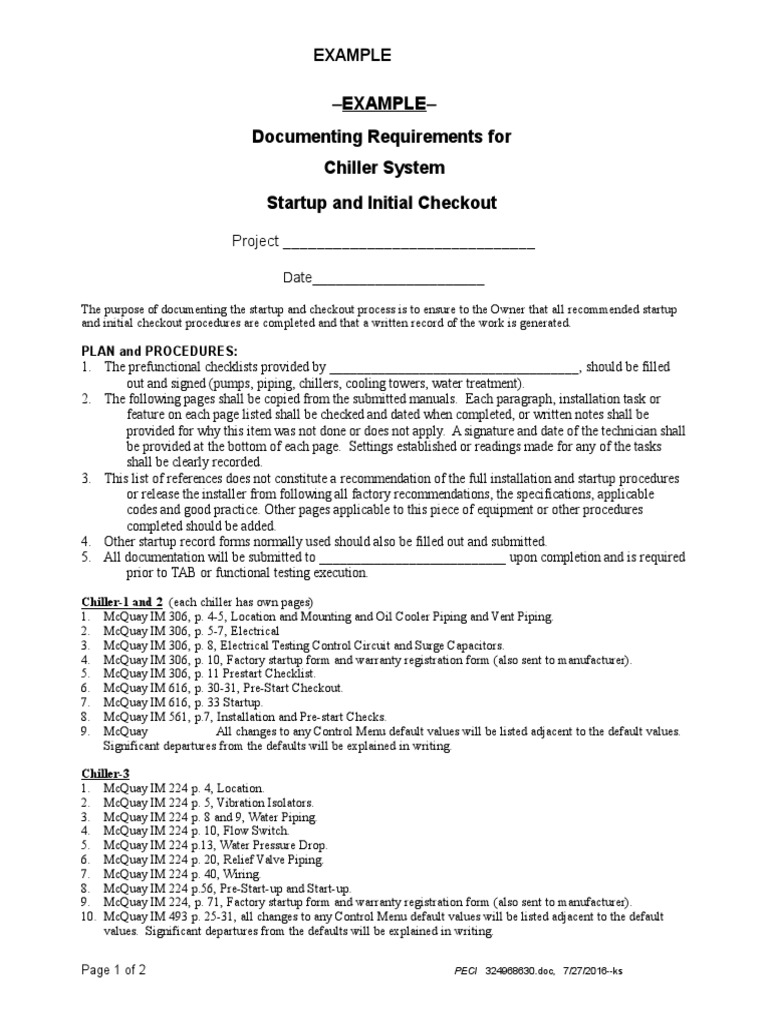 Example Documenting Requirements For Chiller System Startup and Initial ...