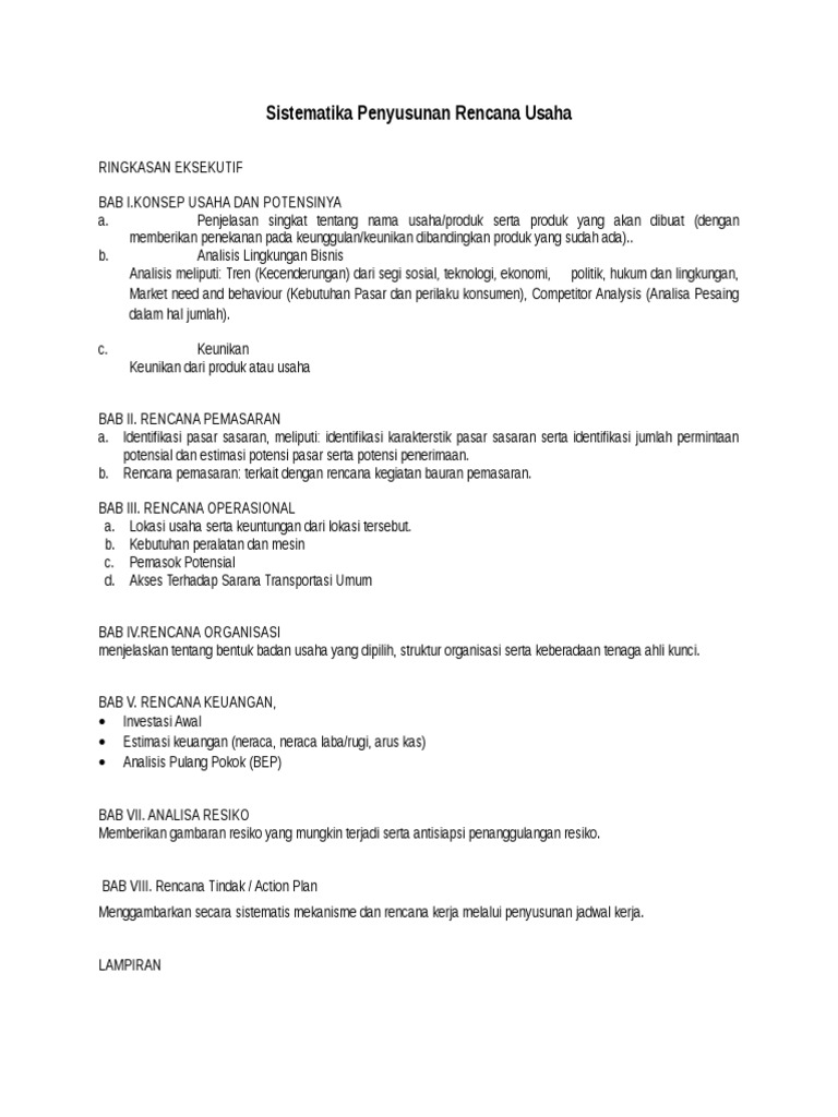 Sistematika Penyusunan Business Plan Rencana Usaha Tugas Kewirausahaan | PDF