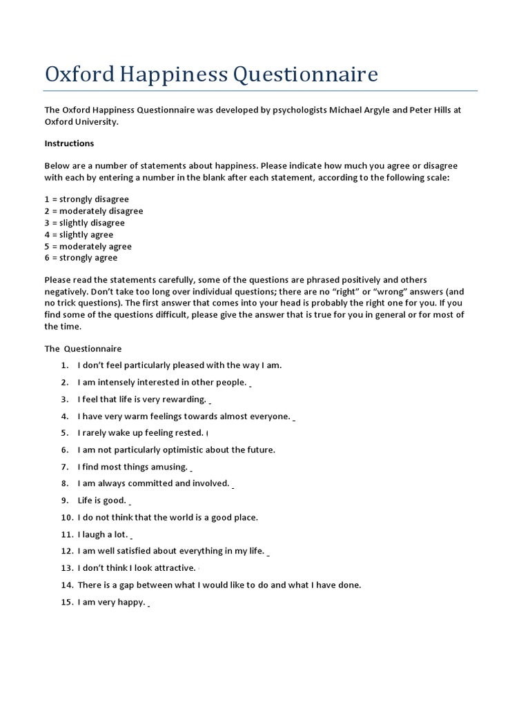 Oxford Happiness Questionnaire PDF Copy | Happiness & Self-Help ...