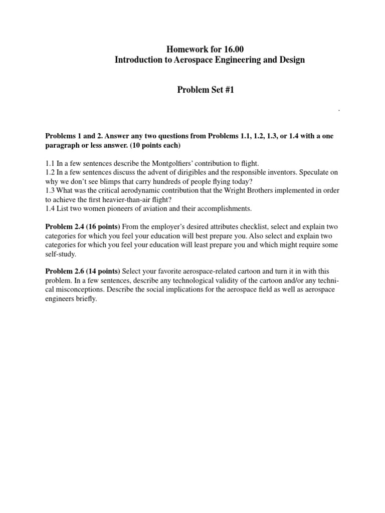 Homework For 16.00 Introduction To Aerospace Engineering and Design ...
