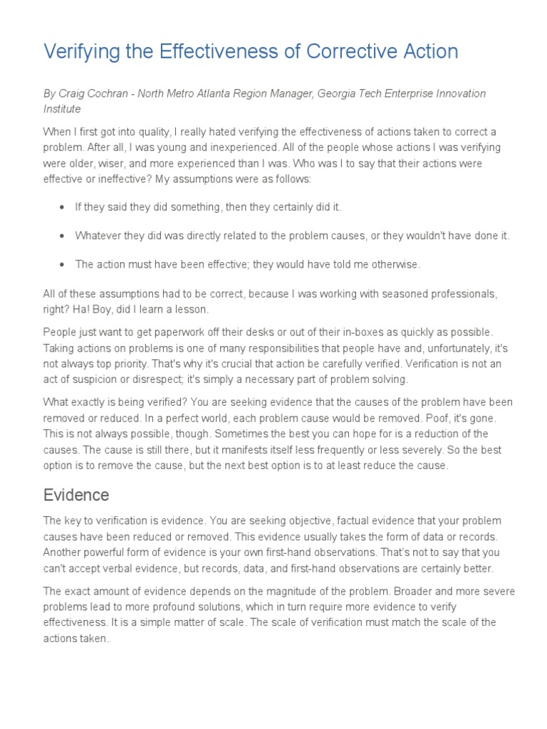 Verifying The Effectiveness of Corrective Action | PDF | Audit | Risk