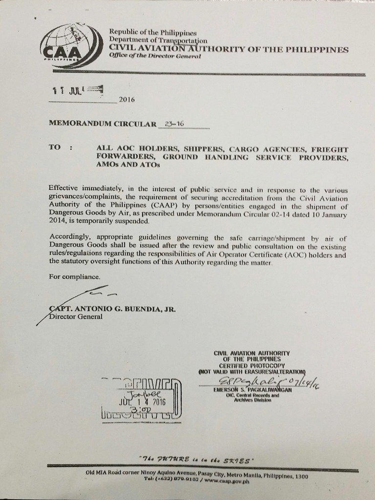 CAAP Memorandum Circular (MC) No. 23-2016 | PDF