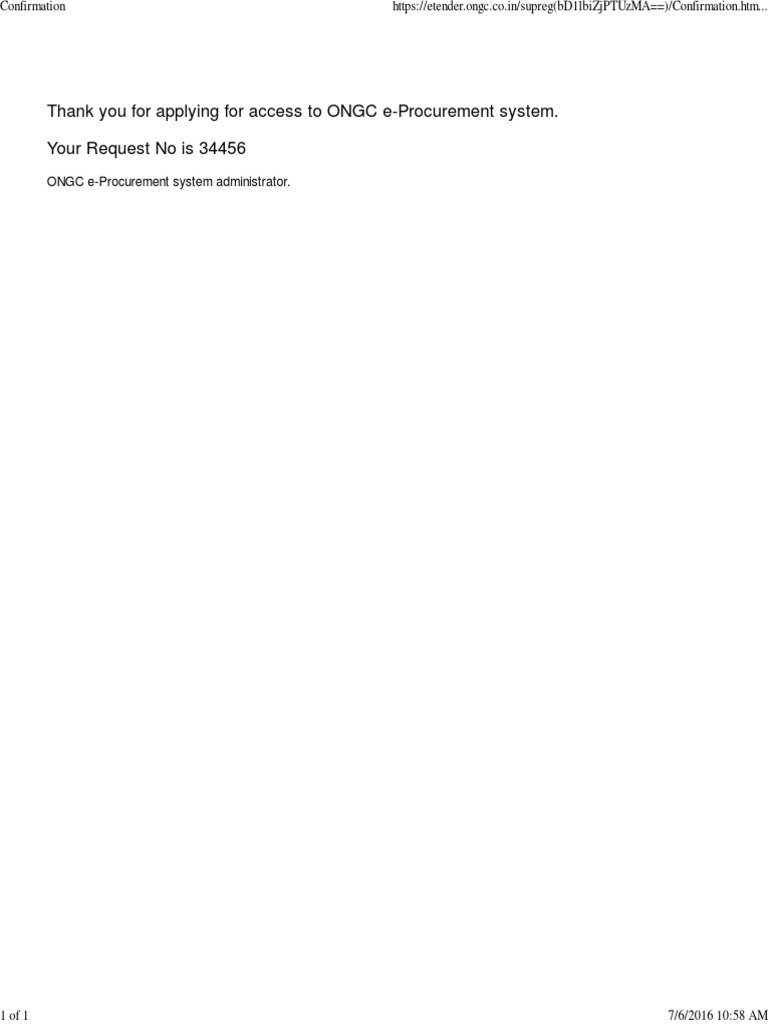 Thank You For Applying For Access To ONGC E-Procurement System. Your Request No Is 34456 | PDF ...