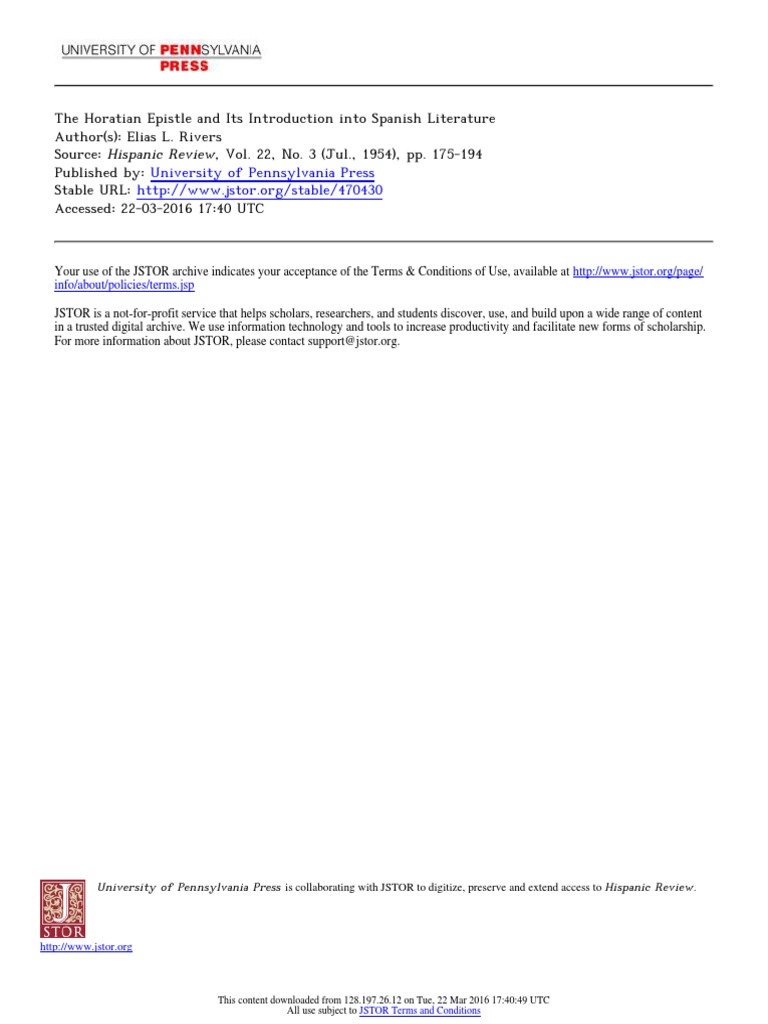 RIVERS The Horatian Spistle and Its Intro Into Spanish Poetry | PDF ...