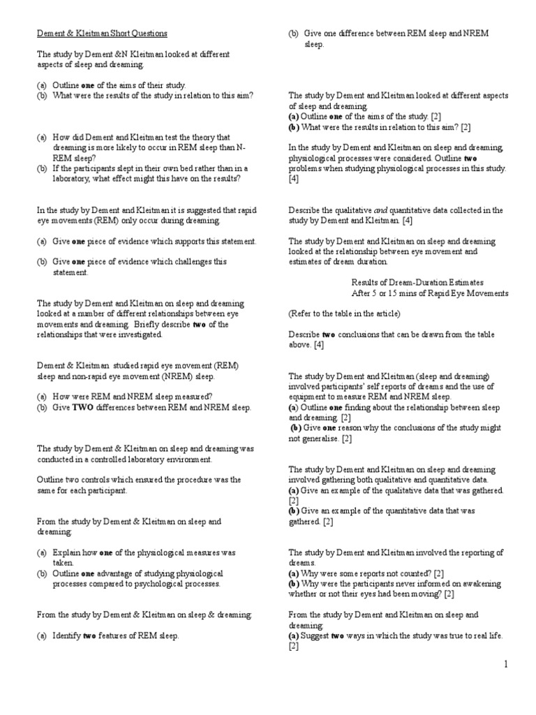 Dement& Kleitman Short Questions | PDF | Rapid Eye Movement Sleep | Sleep