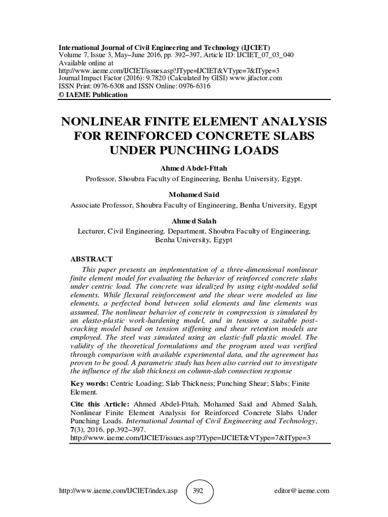 Nonlinear Finite Element Analysis For Reinforced Concrete Slabs Under