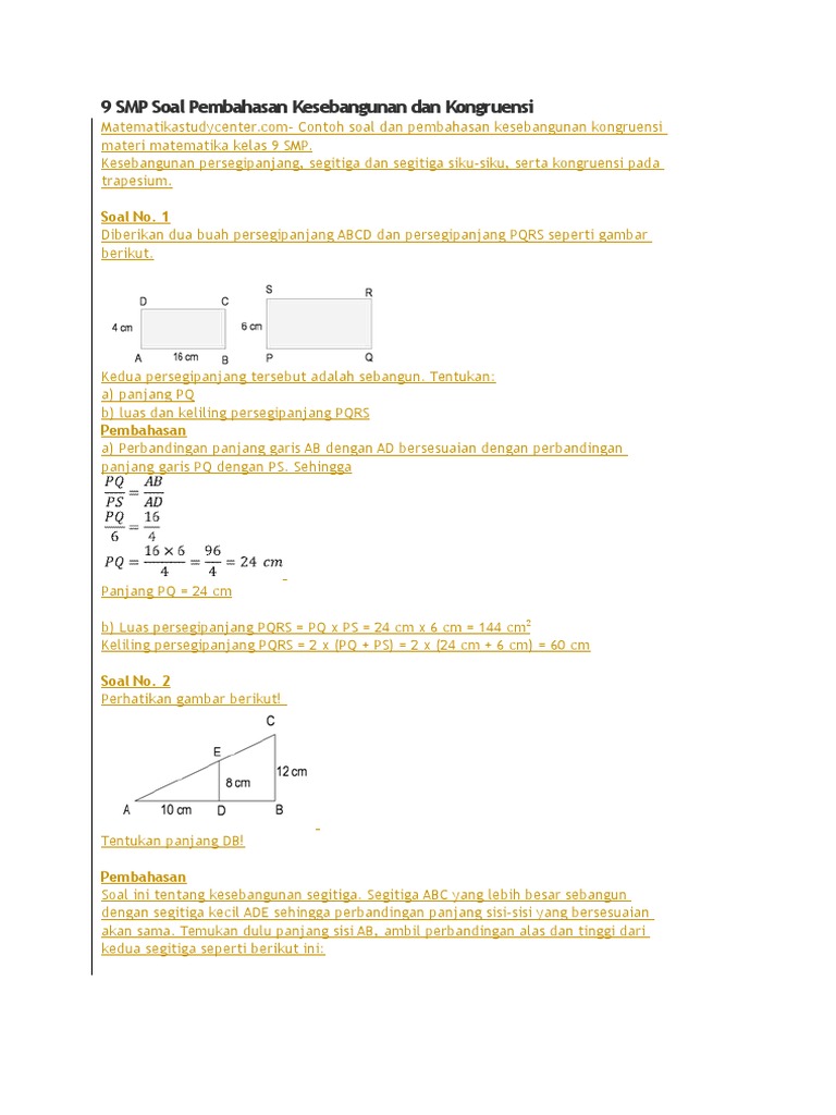9 SMP Soal Pembahasan Kesebangunan Dan Kongruensi | PDF