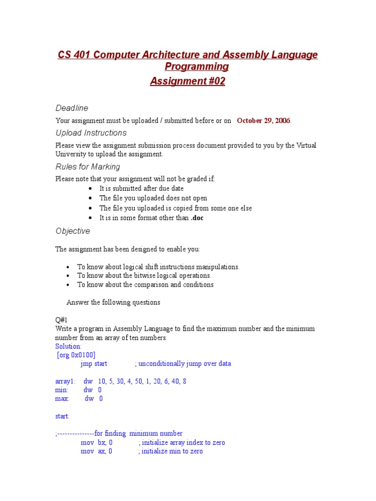 Computer Architecture And Assembly Language Programming Cs401 Fall 2006 Assignment 02 Solution