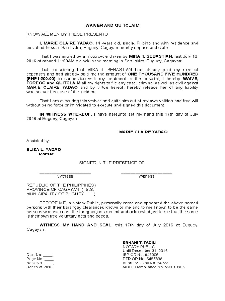 Waiver and Quitclaim - Sebastian | PDF