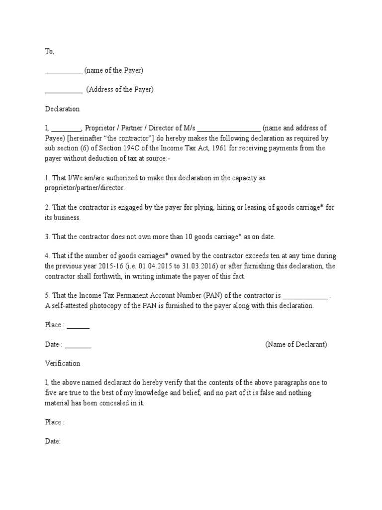 Declaration For Non Deduction of Tax Format | PDF