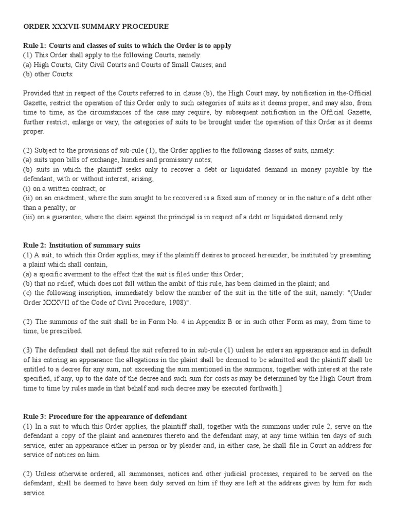 Summary Suits - Order 37 | PDF | Lawsuit | Summons