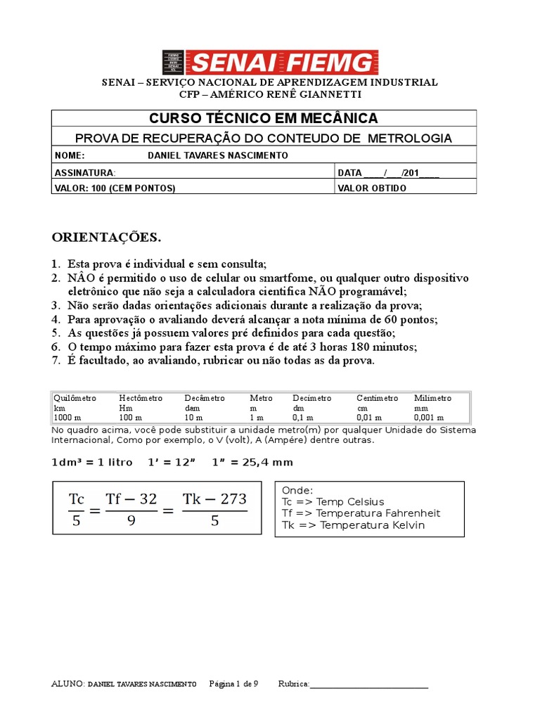Prova Metrologia | Temperatura | Medição