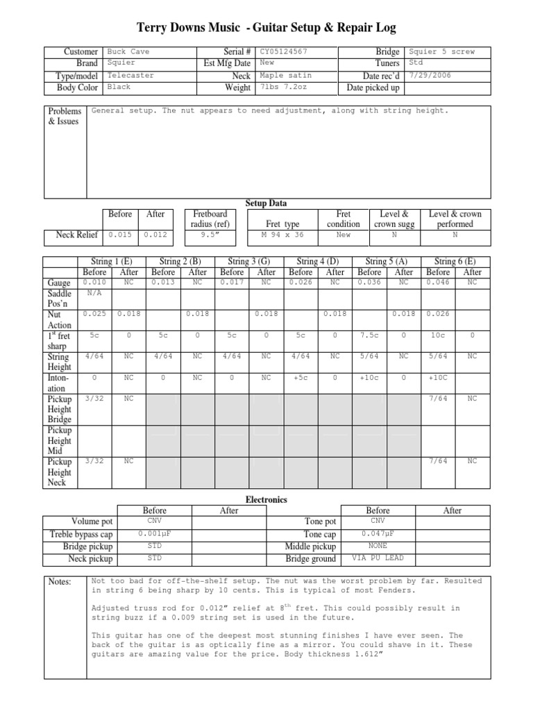 Squier Telecaster Setup & Repair Log | PDF