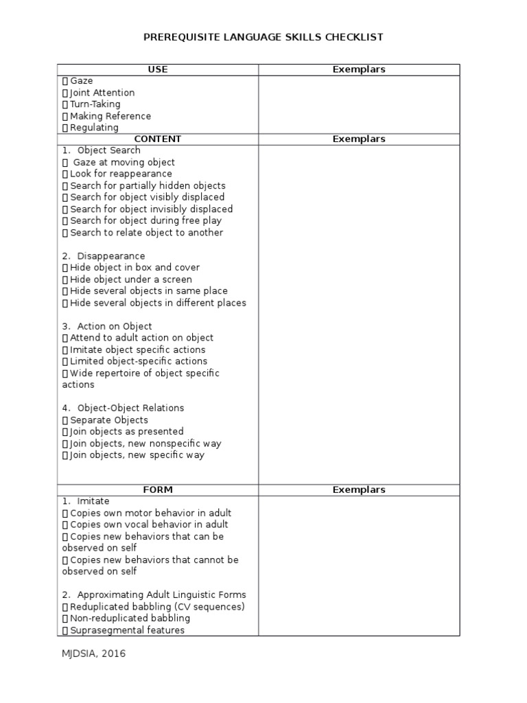 Language Skills Prerequisite Checklist | PDF