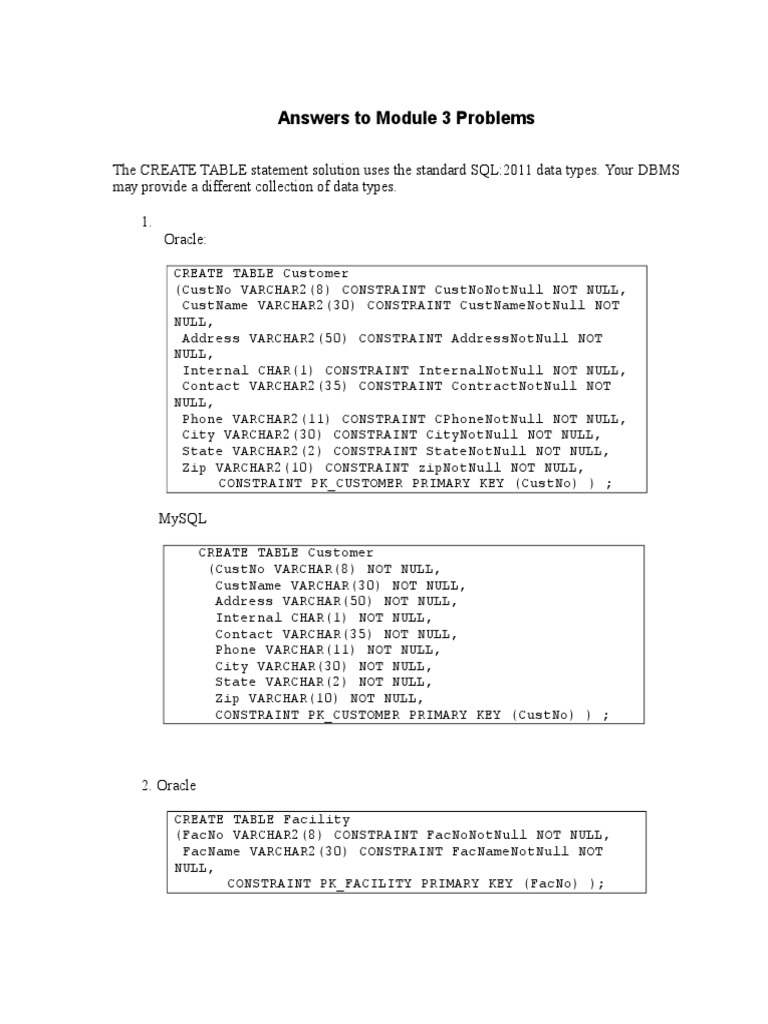 Solutions to CREATE TABLE statements for Module 3 database design ...