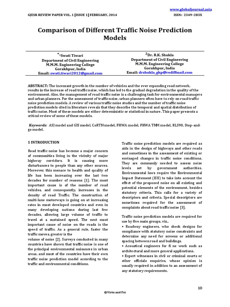 Comparison Of Different Traffic Noise Prediction Models Pdf Traffic Highway