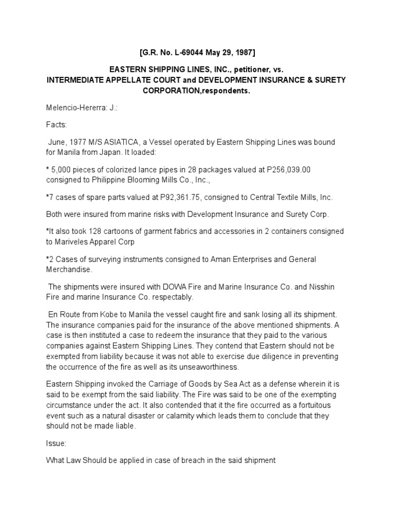 Eastern Shipping Lines V Iac | PDF