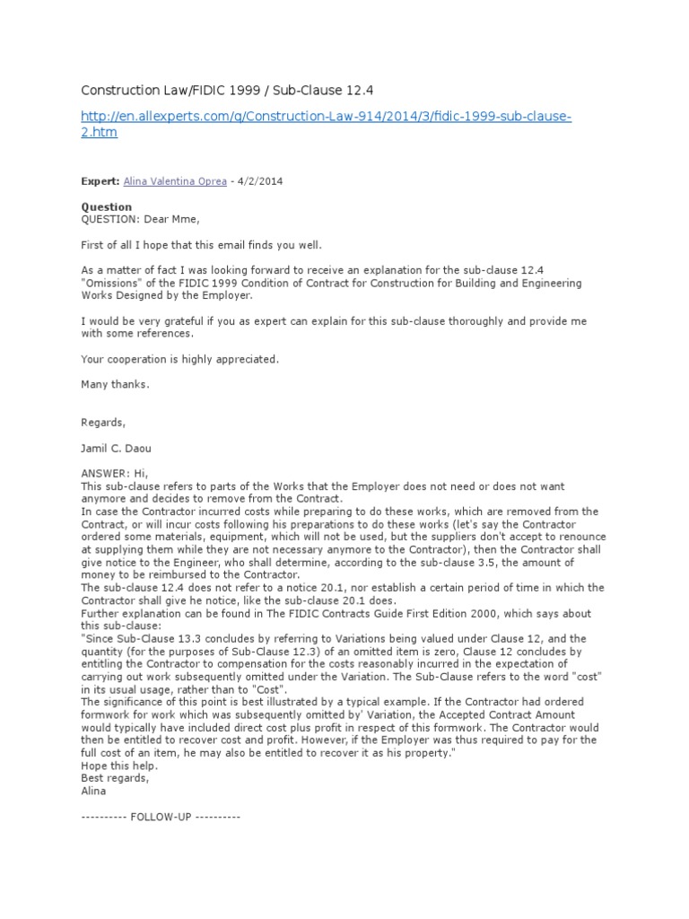 FIDIC 1999 Sub-Clause 12.4 Explained | PDF | Employment | Cost