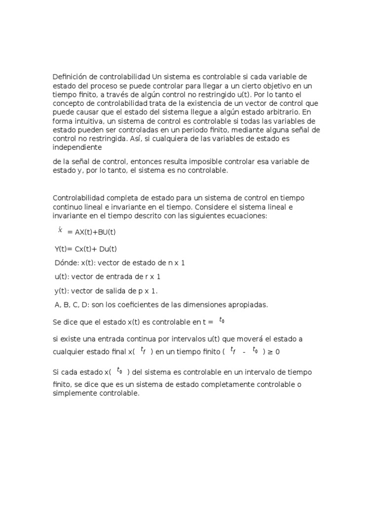 Definición de Controlabilidad Un Sistema Es Controlable Si Cada ...