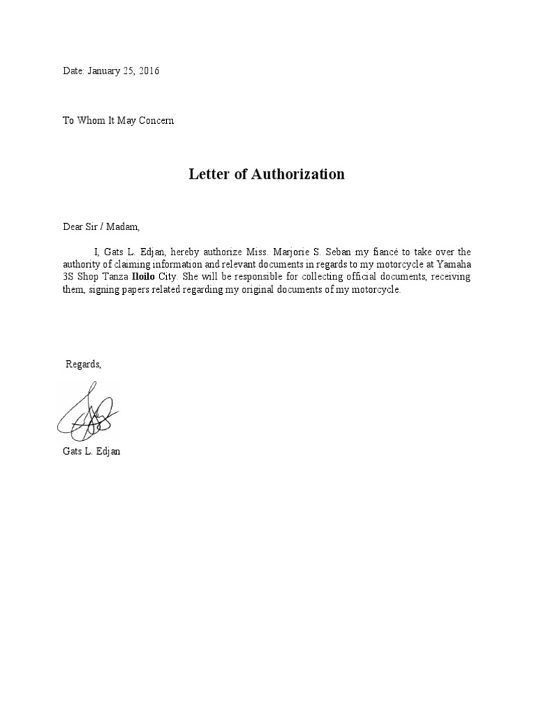 Authorization Letter for Motorcycle Use | PDF