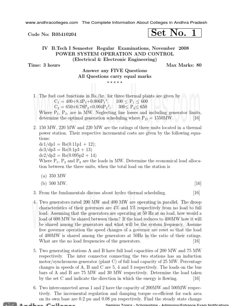r05410204 Power System Operation and Control | PDF | Electrical ...