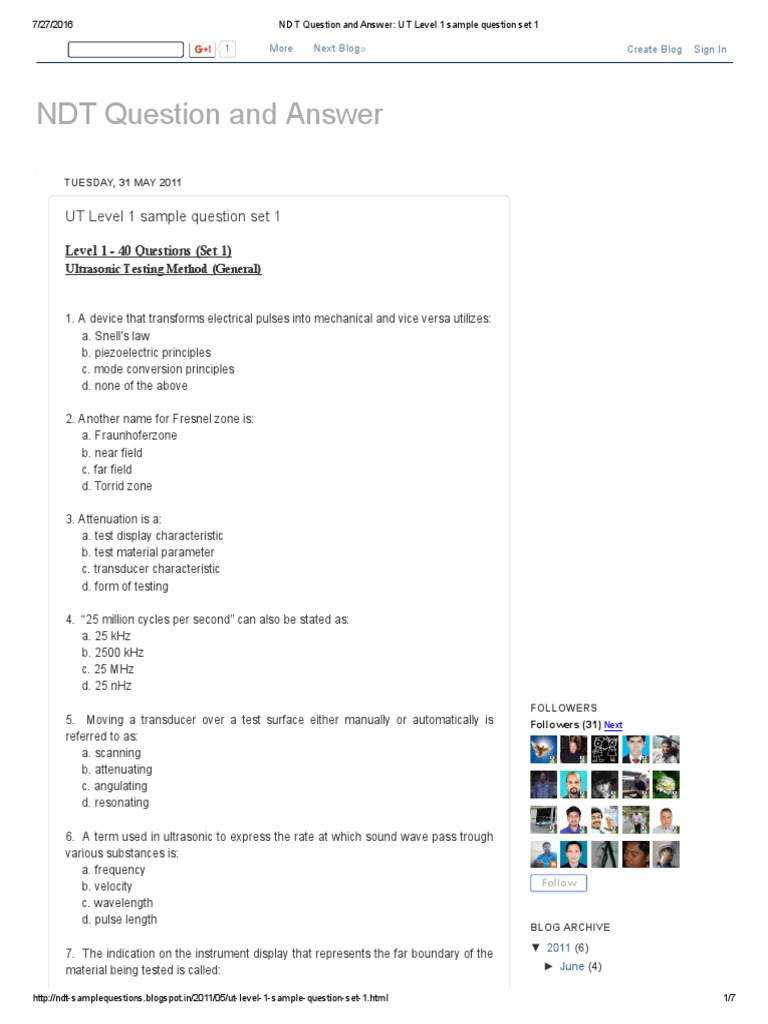NDT Question and Answer - UT Level 1 Sample Question Set 1 PDF | PDF | Waves | Reflection (Physics)