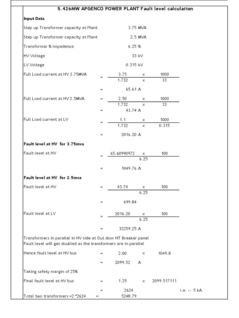 5.426MW APGENCO POWER PLANT Fault Level Calculation: Input Data | PDF