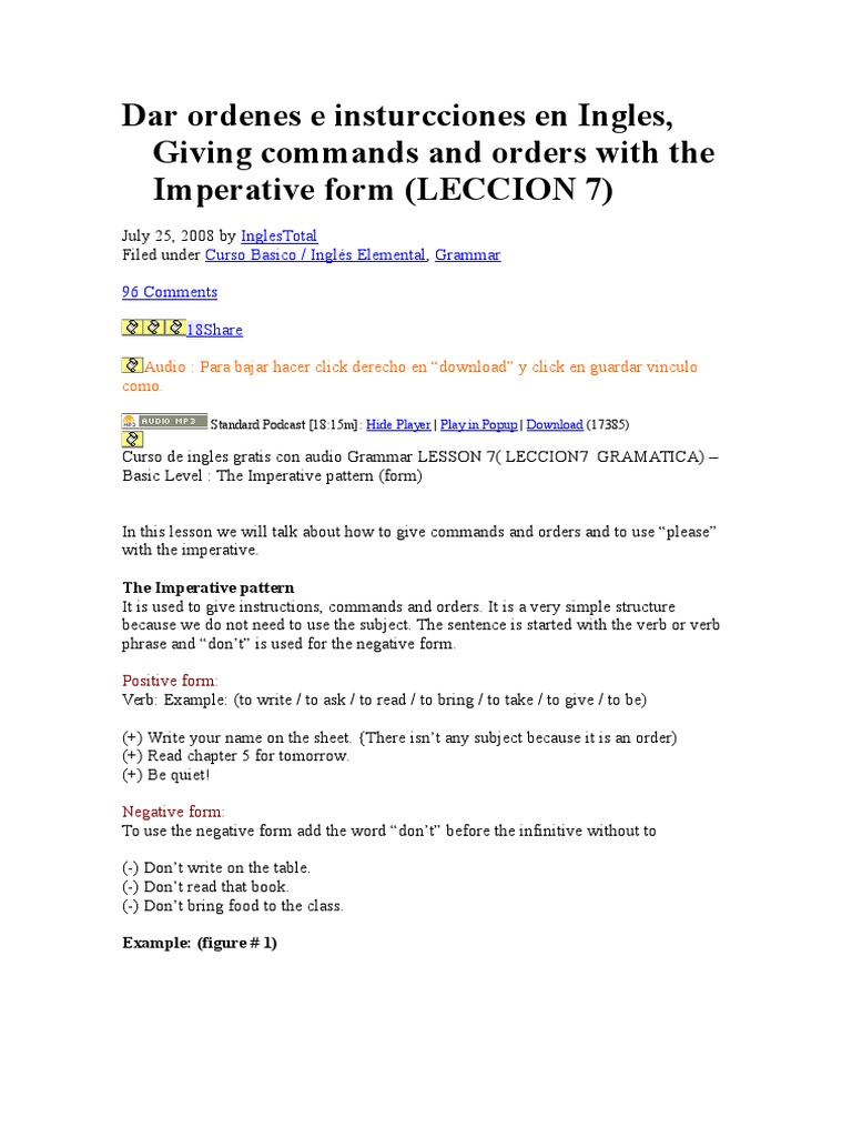 Dar Ordenes e Insturcciones en Ingles, Giving Commands and Orders With ...