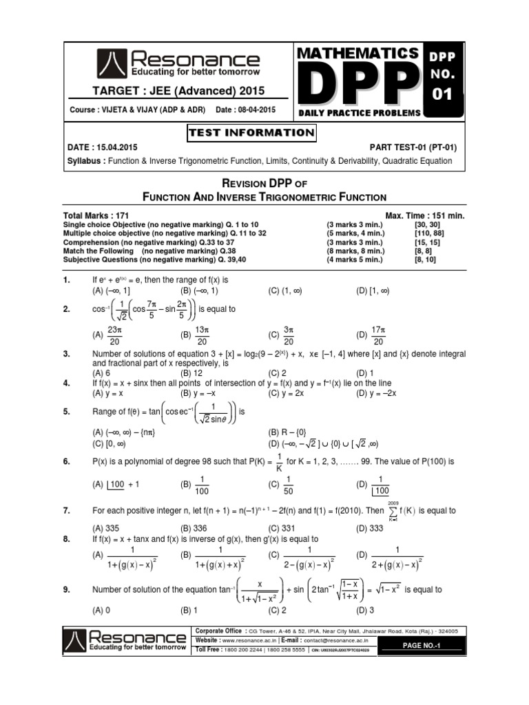 Revision DPP Maths 1 | PDF | Trigonometric Functions | Polynomial