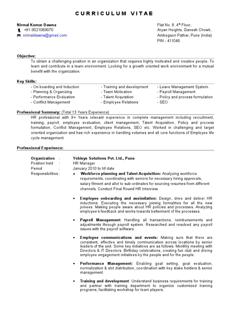 CV Nirmal Dawna | PDF | Recruitment | Payroll