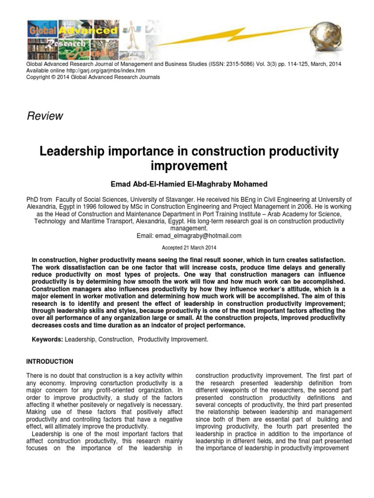Leadership Importance in Construction Productivity Improvement | PDF