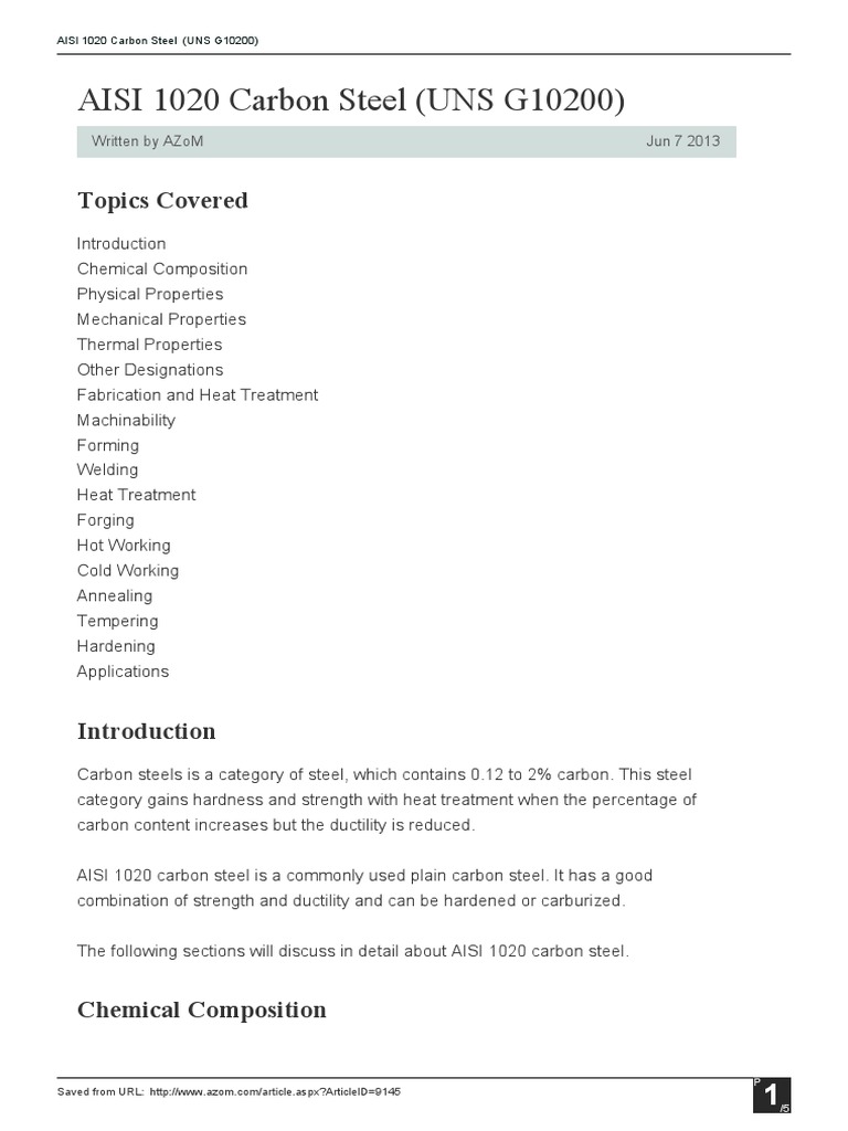 Aisi 1020 Carbon Steel (Uns g10200) | PDF | Heat Treating | Steel