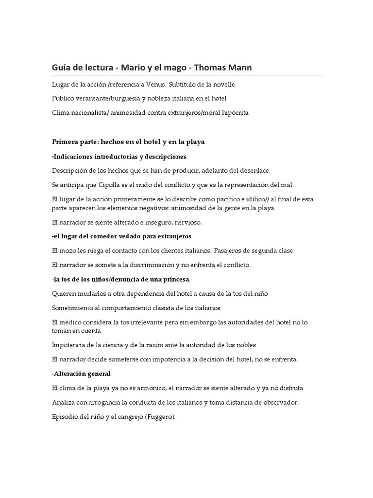 Guía de Lectura Mario y El Mago de Thomas Mann | PDF | Hipnosis | Sicología
