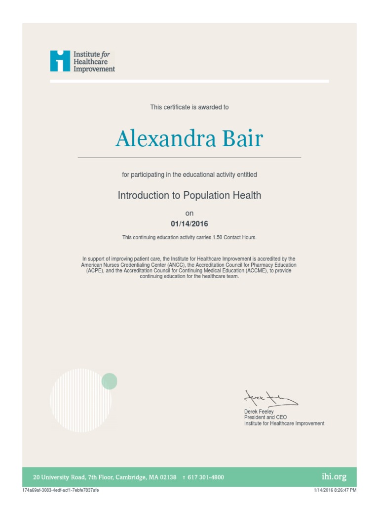 Ihi Certificate - Introduction To Population Health 1-14-16 | PDF