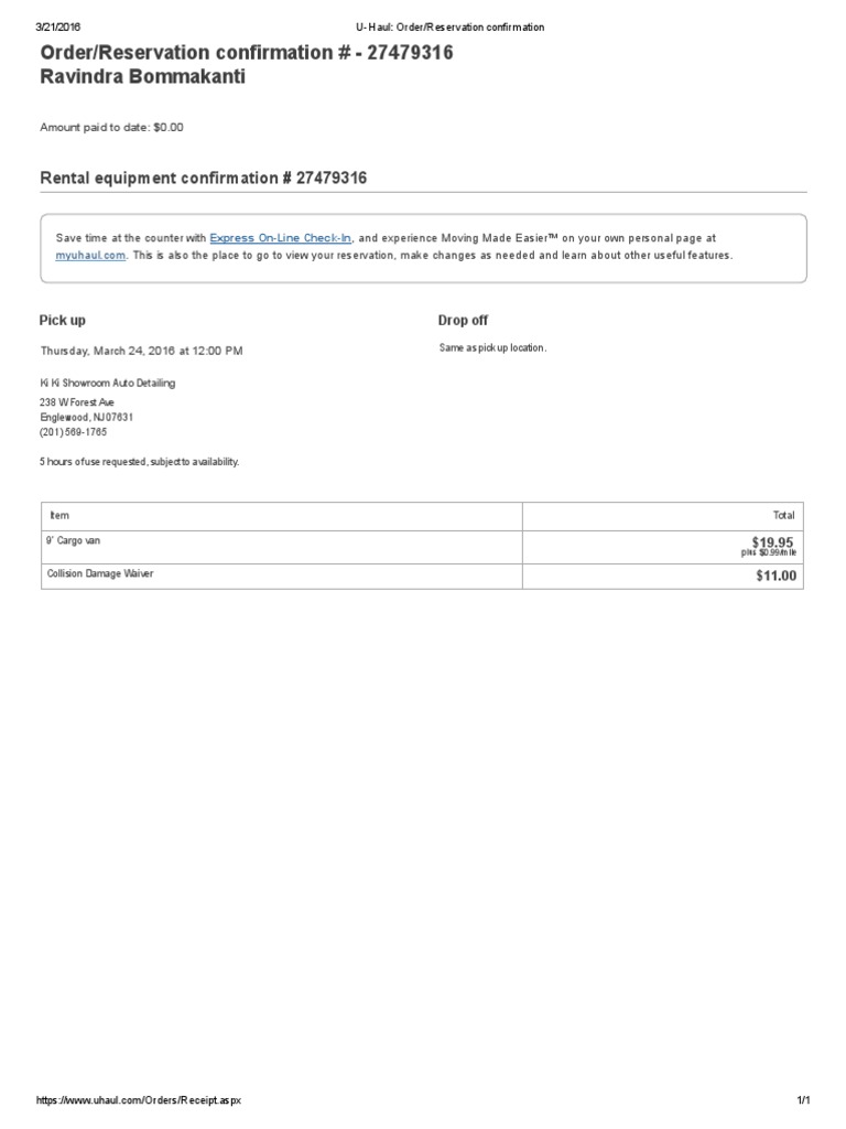 U-Haul Reservation Confirmation Details | PDF | Technology & Engineering