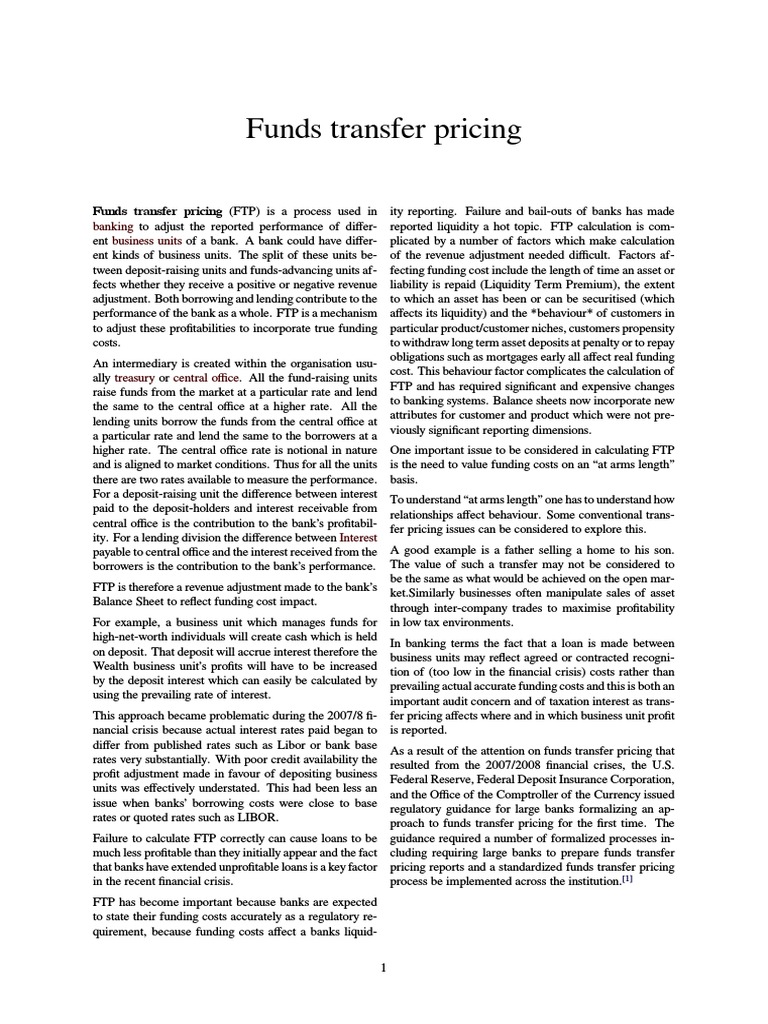 Funds transfer pricing (FTP) is a process used in | Financial Services ...