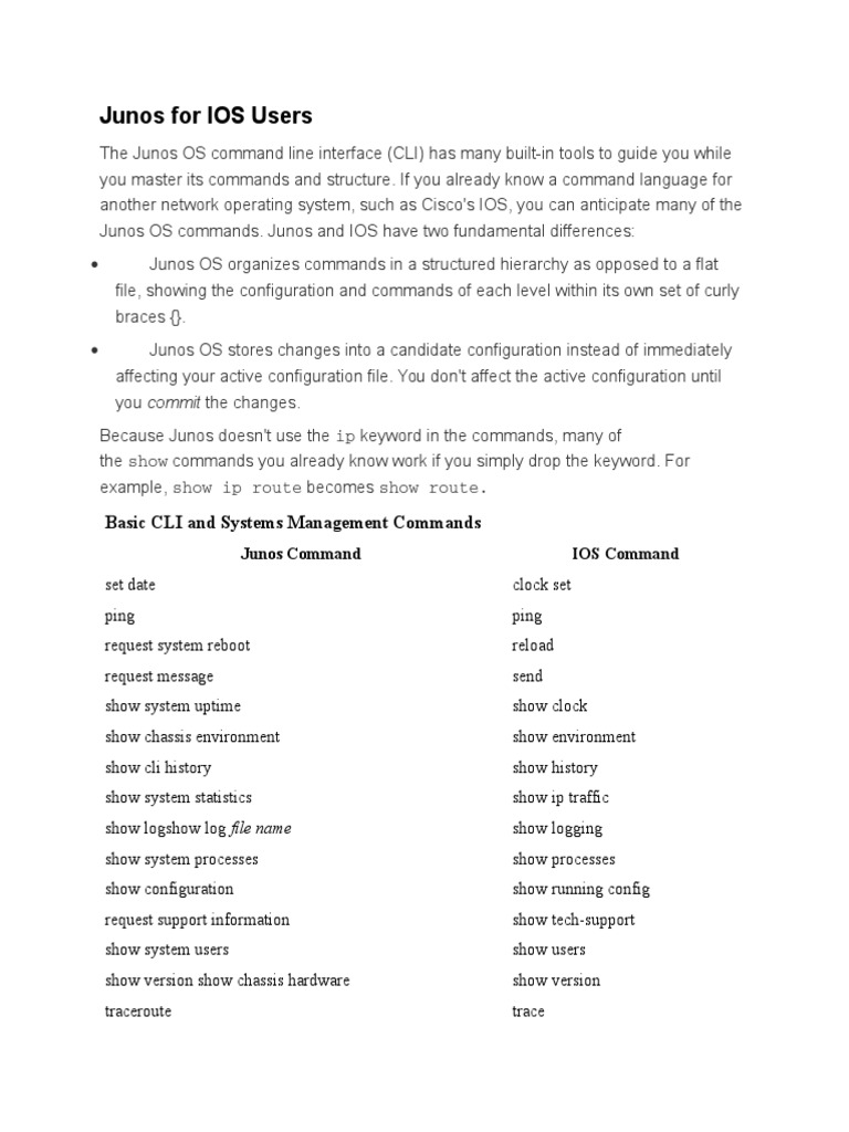 Junos Commands Vs IOS Commands | PDF | Command Line Interface | Internet Protocols