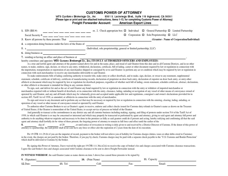 Customs Power of Attorney Form | PDF | Power Of Attorney | Conveyancing